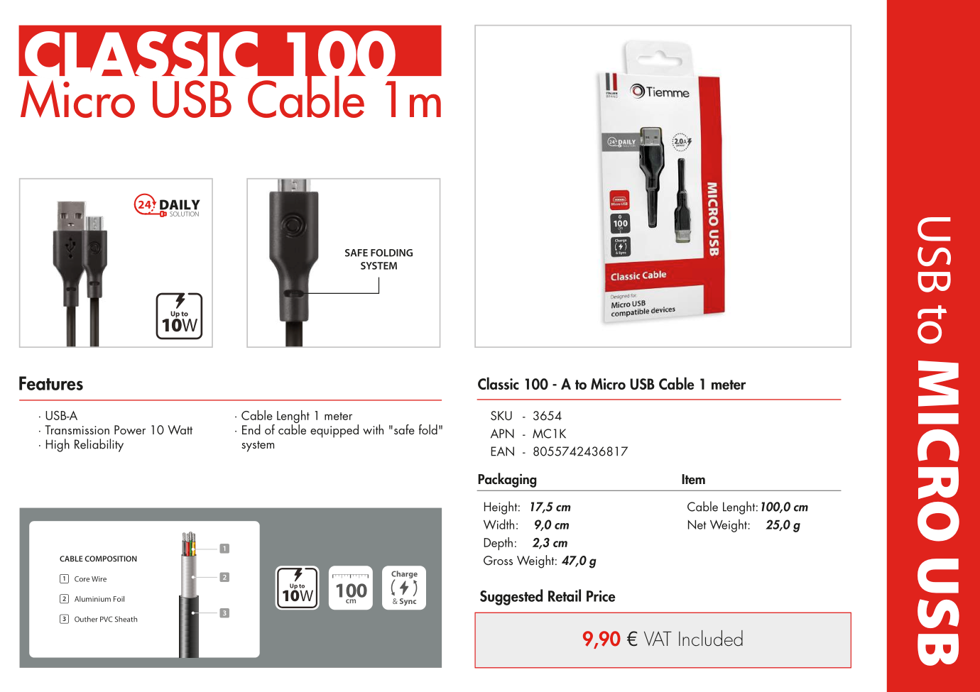 Câble Tiemme Classic USB type A - Micro USB M/M 10W 1m (Noir) pour ...